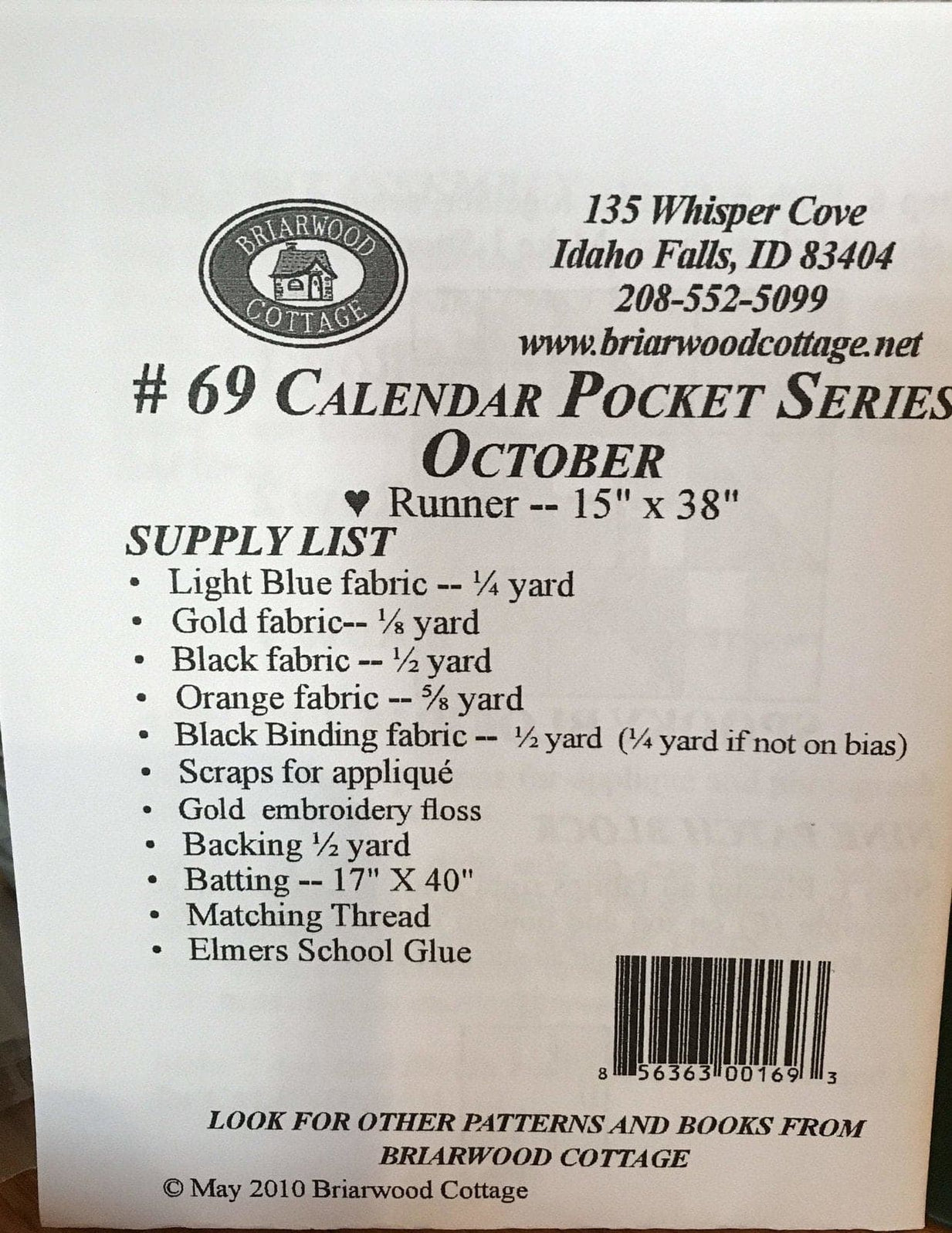 Calendar Pocket Series- October - Mini pattern- Briarwood Cottage - Ta ...