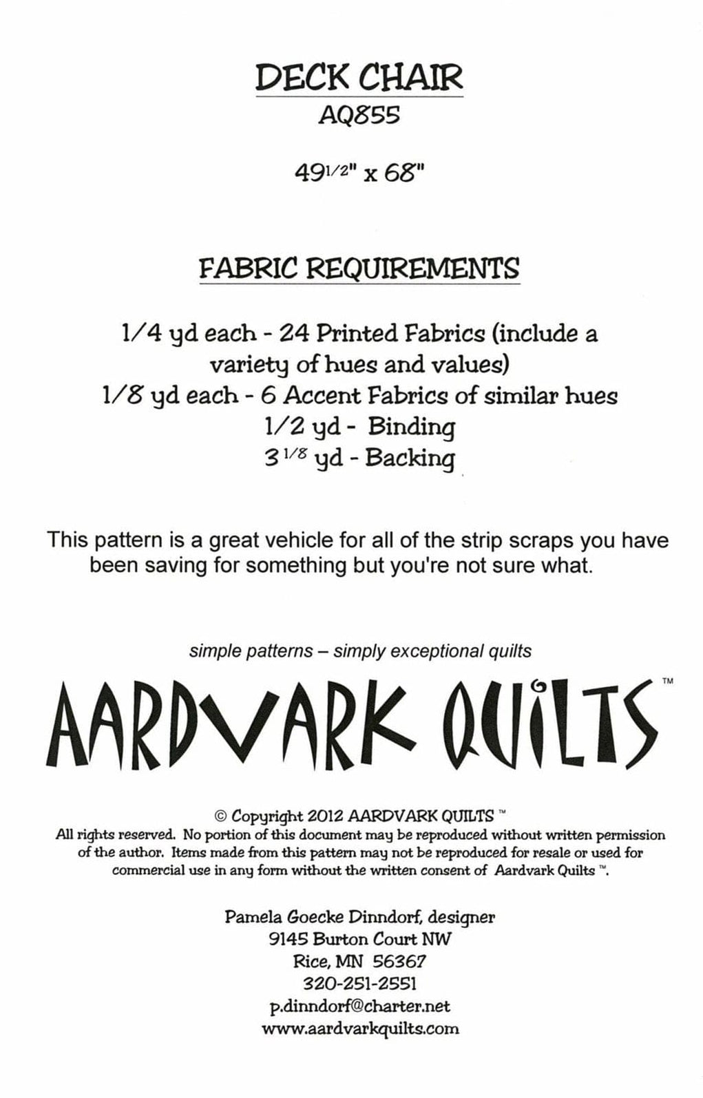 Deck Chair - Quilt Pattern - by Aardvark Quilts -Includes instructions ...