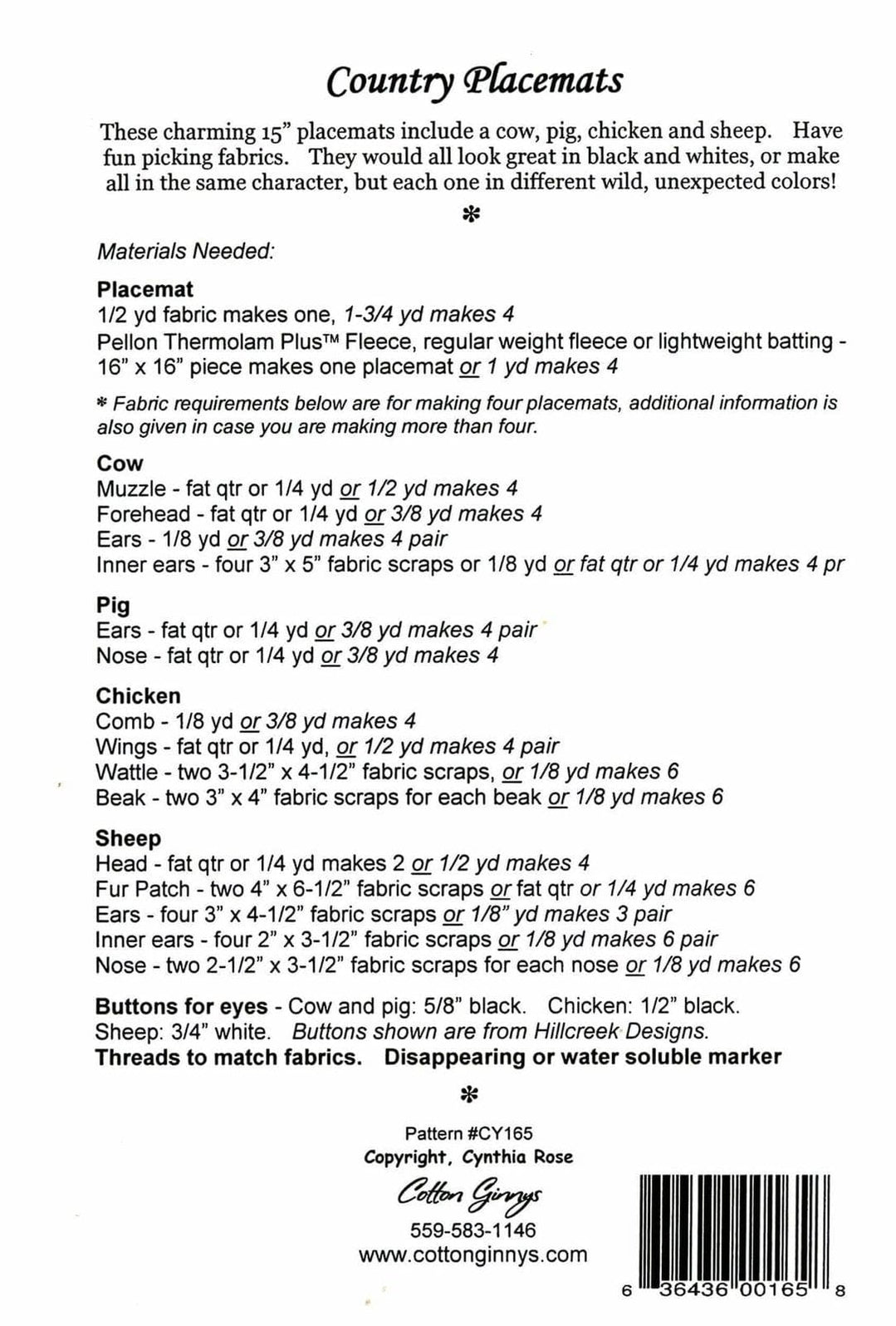 Country Placemats - Pattern - Cotton Ginny's — RebsFabStash