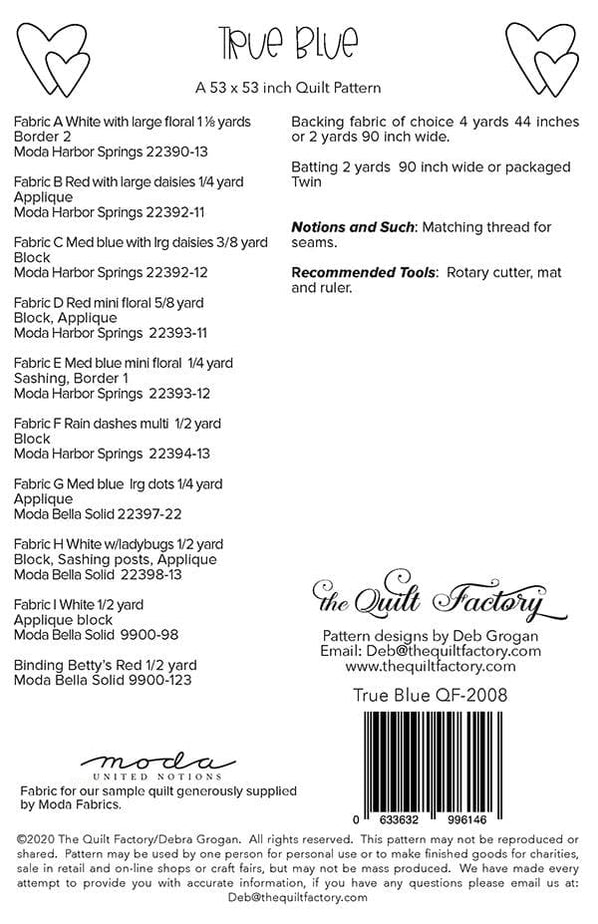 True Blue - Quilt PATTERN - by Deb Grogan for The Quilt Factory - Appl ...